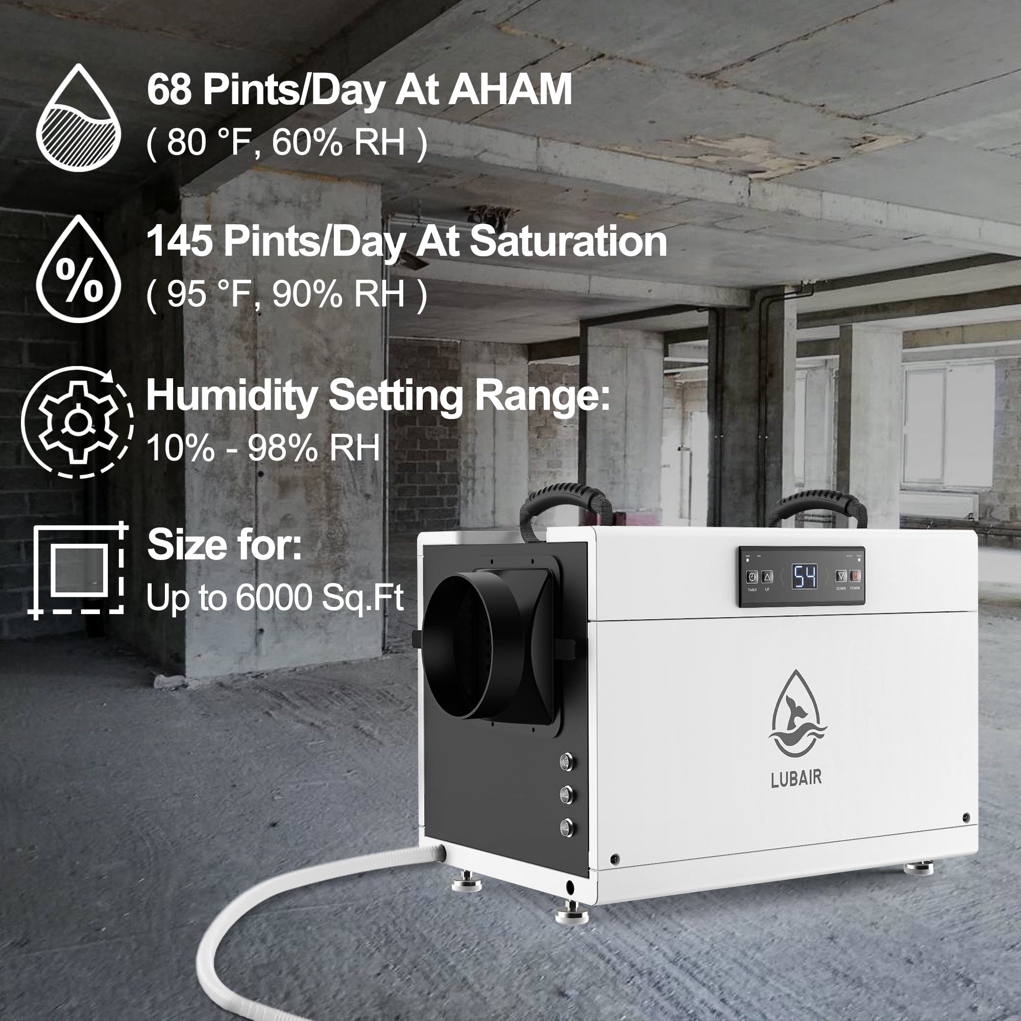 145 pt. 6,000 sq.ft. Bucketless Commercial Dehumidifier in White with ...